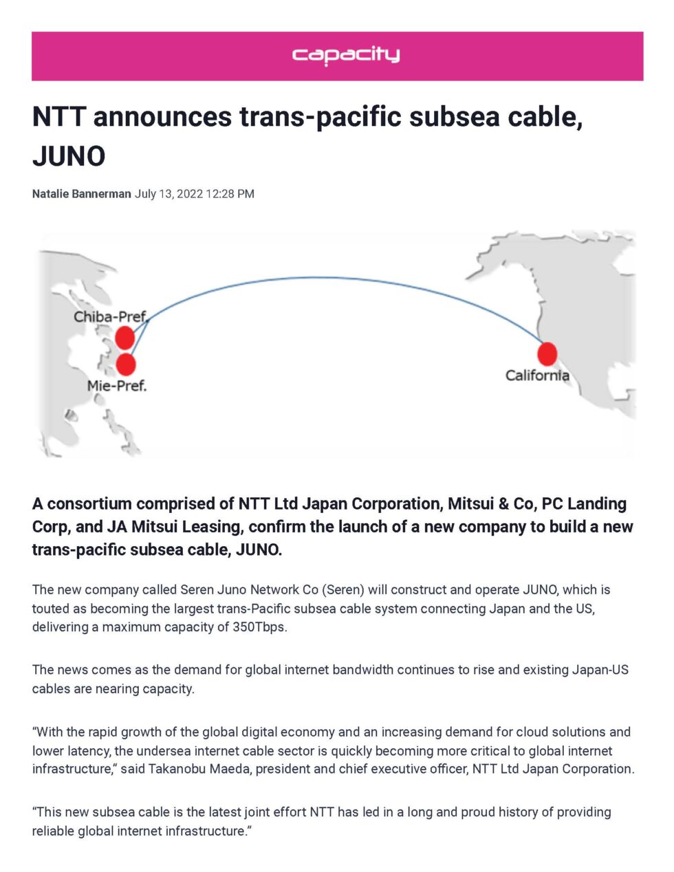 NTT announces trans-pacific subsea cable, JUNO (Capacity Media) - NTT-GIN