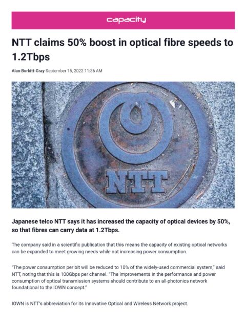 NTT claims 50% boost in optical fibre speeds to 1.2Tbps (Capacity Media ...